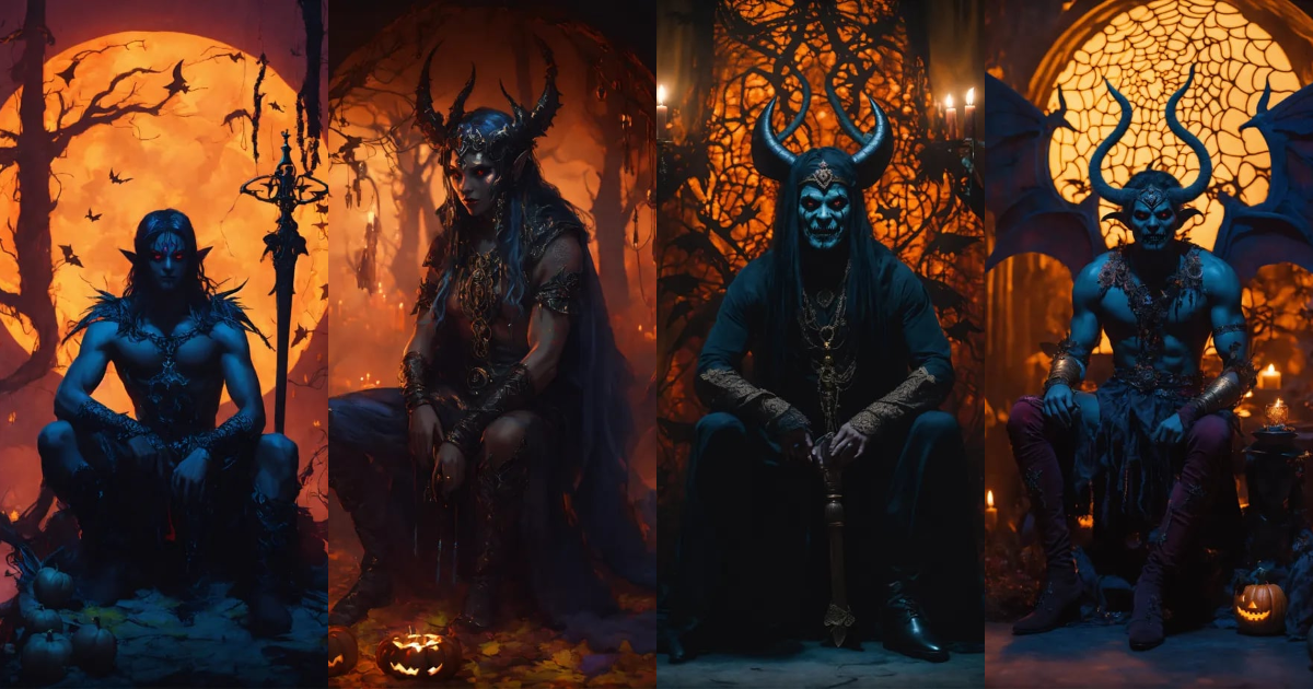 Lexica - A scary dark jinn sitting next to a fairy,holloween backdrop