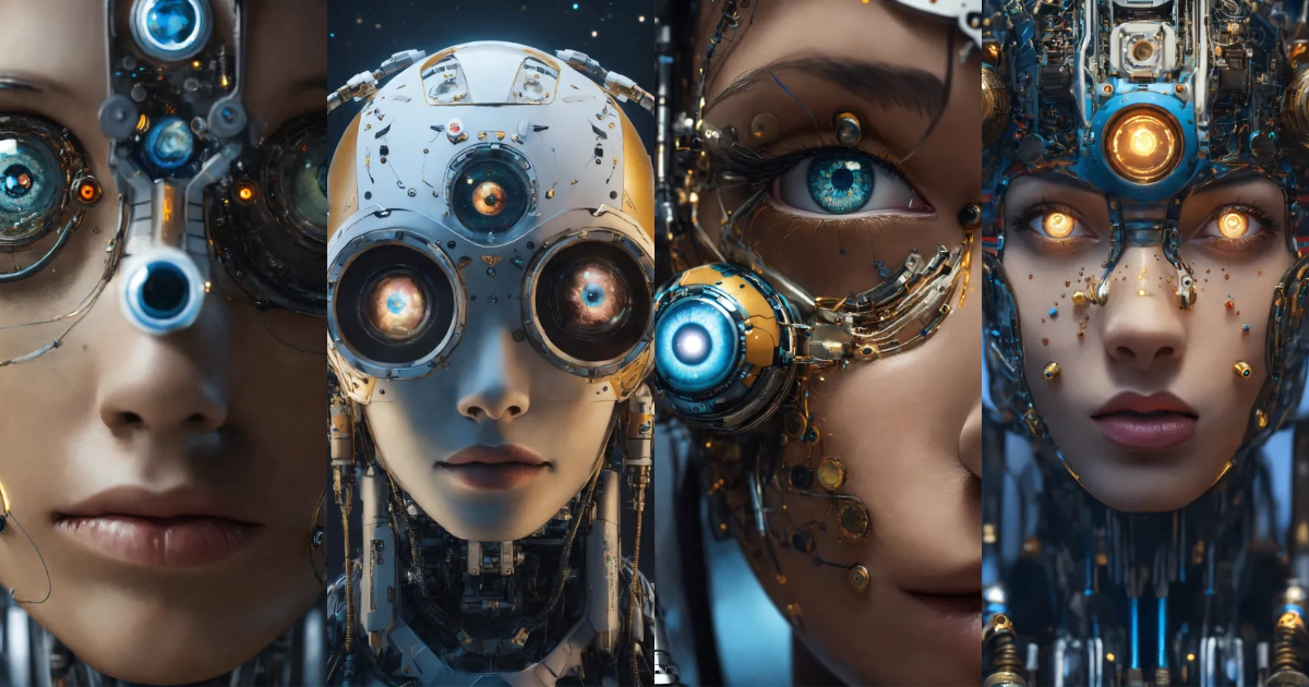 Lexica - Close up of an AI cyborg with moons as eyeballs, hyper realistic