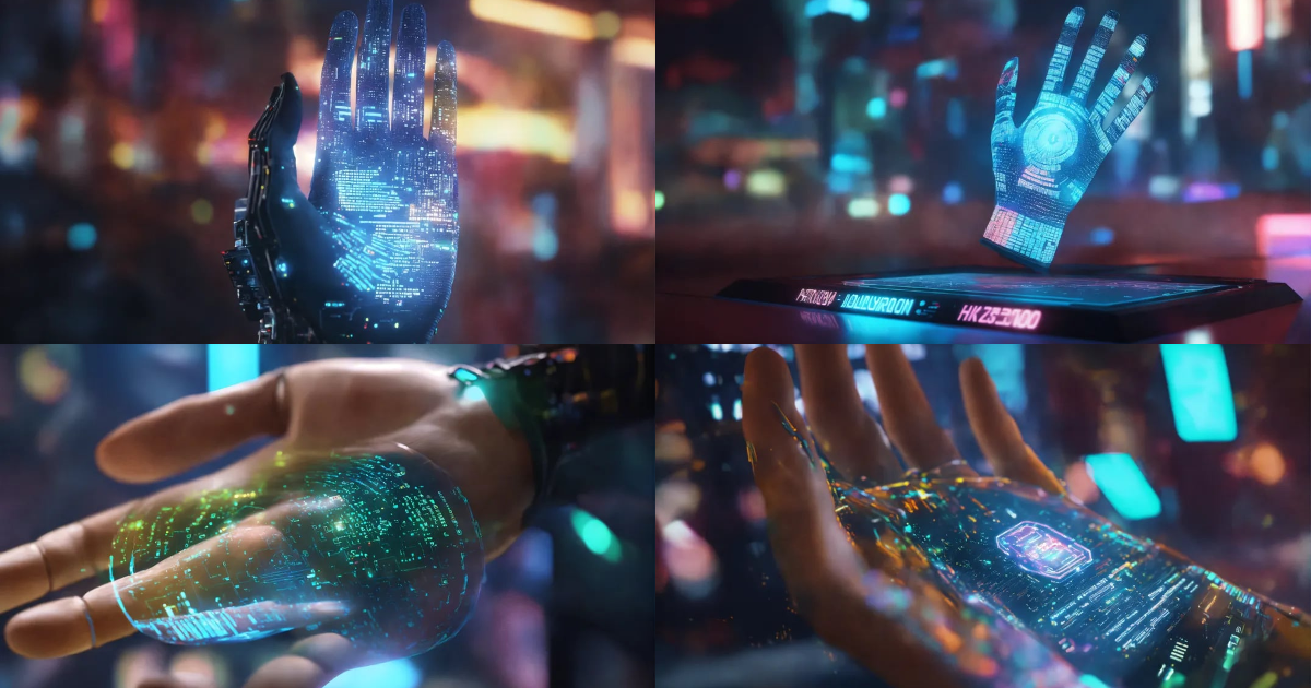 Lexica - Digital hologram code shines from the hand, cyberpunk style ...
