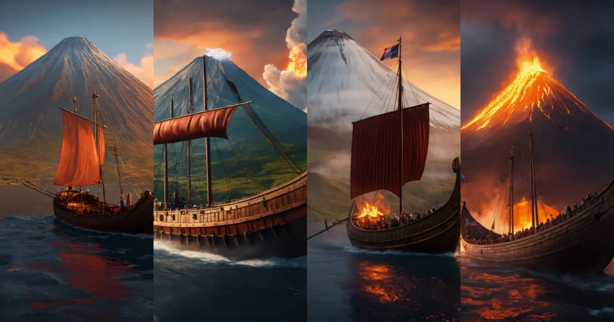 Lexica - Viking ship Floating above a (volcano1.2) sailing north east ...