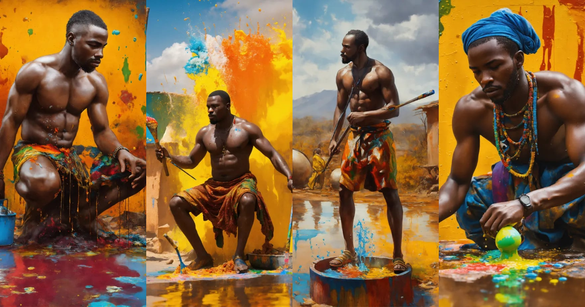 Lexica - African,A male artist fights against a large paint pot,african ...