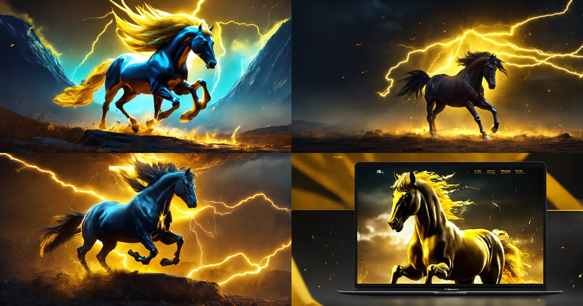 Lexica - Beautiful landing page angry horse, 3d art, 8k, ui ux, dark yellow lightning bolt theme