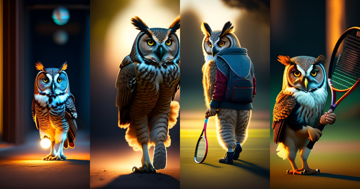 Lexica - Timid owl carrying tennis racket, michael kutsche, cinematic ...