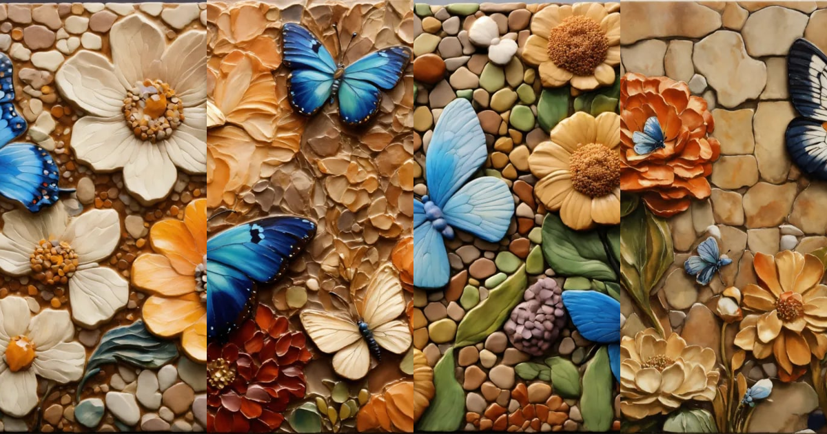 Lexica - Earth toned flowers butterflies stone sculptures, pointillism ...