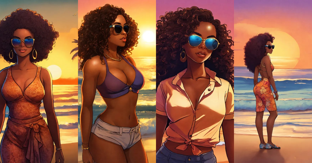 Lexica - Ebony ,gorgeous 40s woman, sunset beach background, curly hair, sunglasses, standing ...
