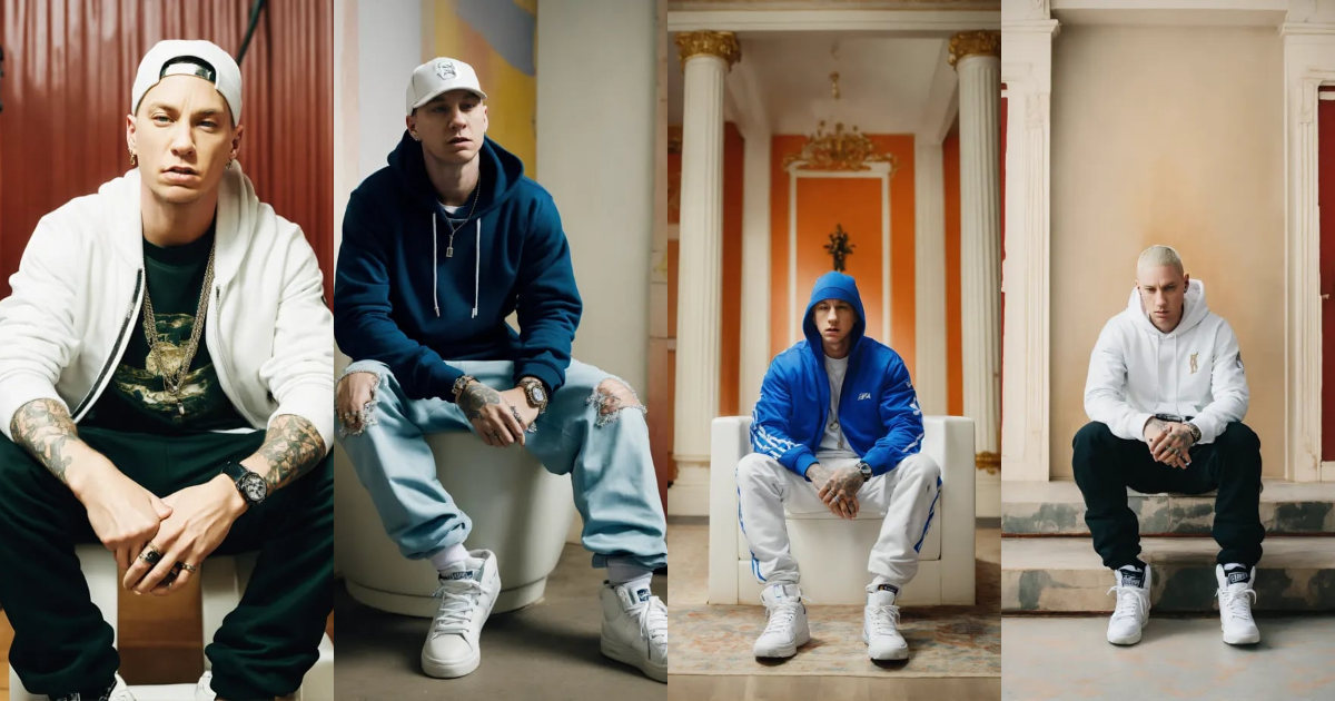 Lexica - Photographie of Eminem in a street look, sitting on a white ...