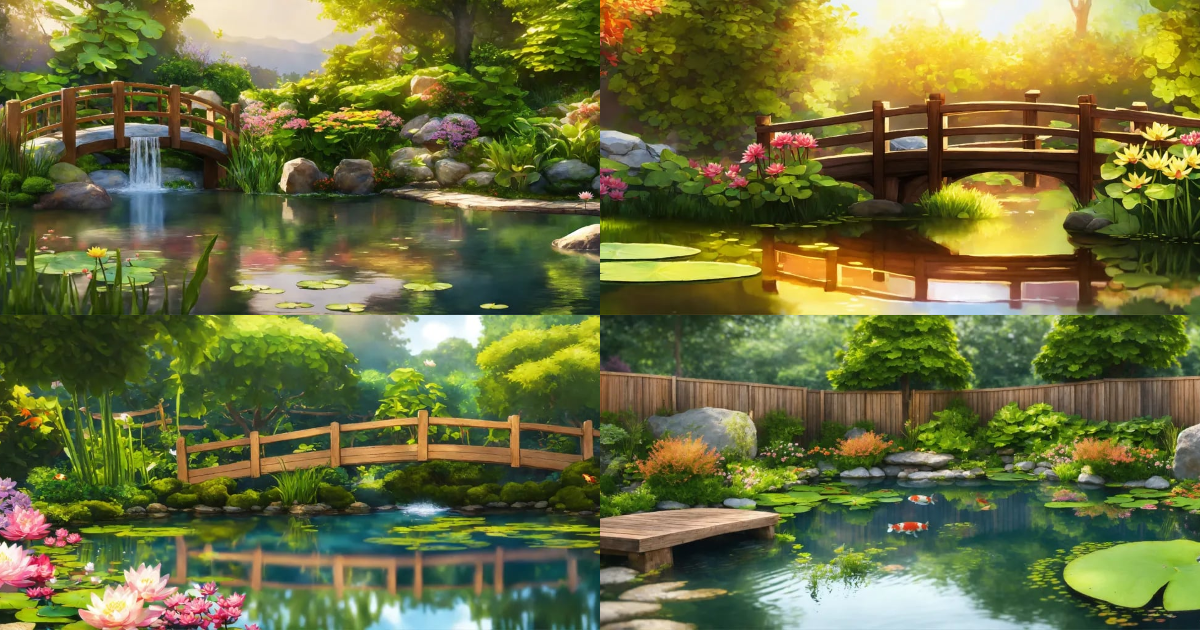 Lexica - Create an image of a realistic small garden pond setting ...