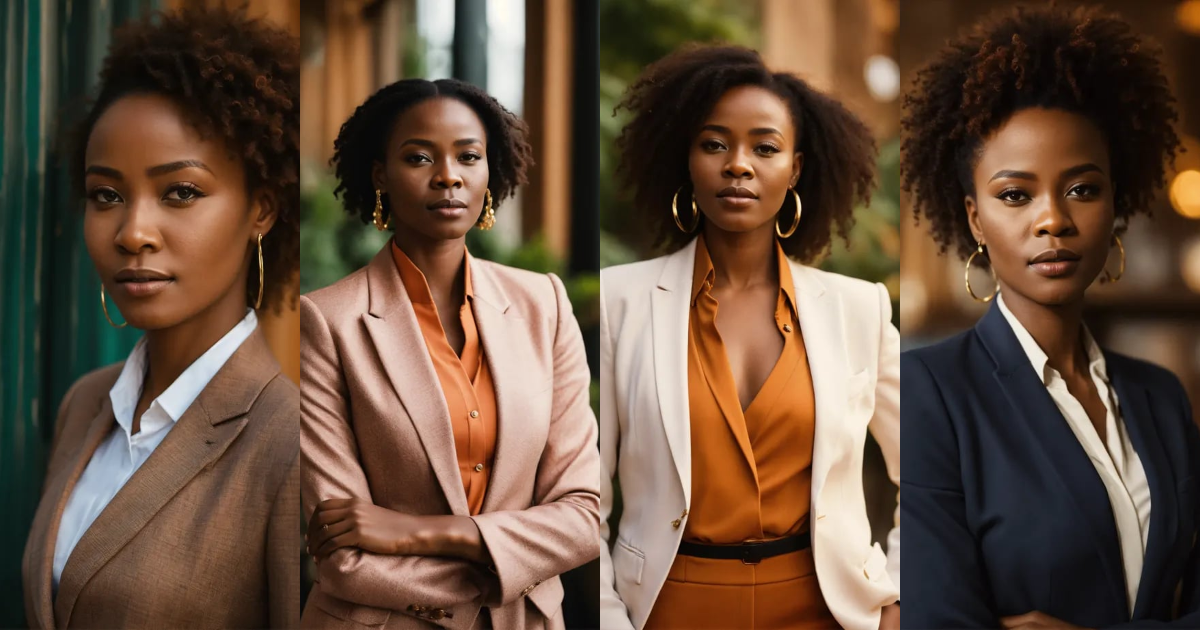 Lexica - Confident female African author in elegant suit, close-up, exuding charisma and facing ...