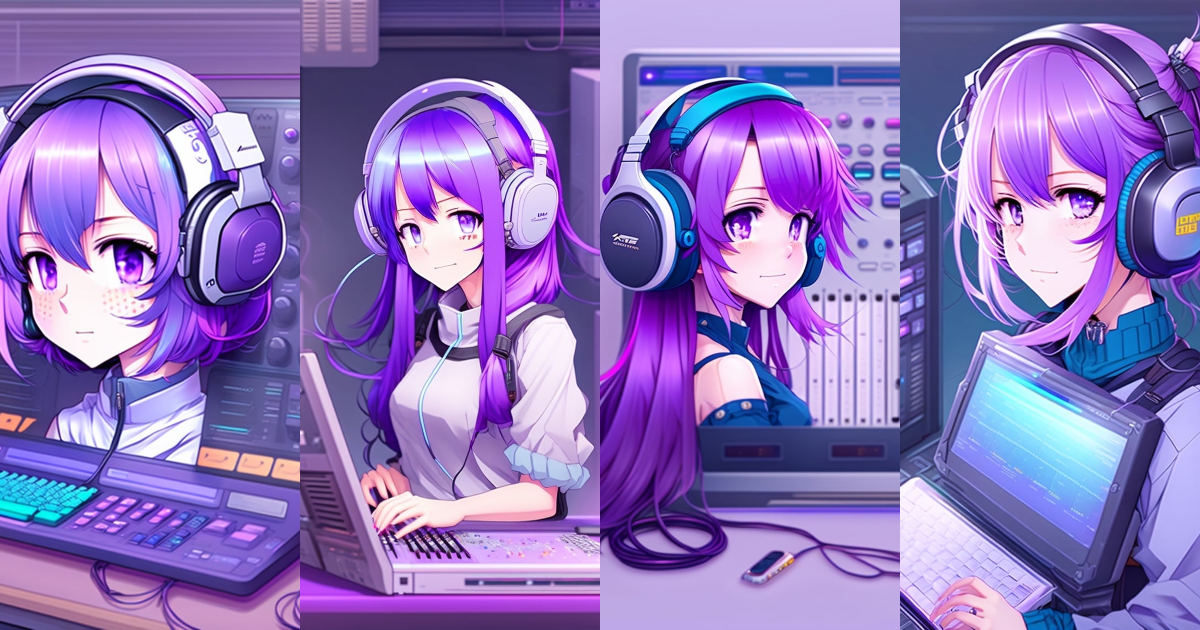 Lexica - Anime girl with purple hair, programming a modular synthesizer ...