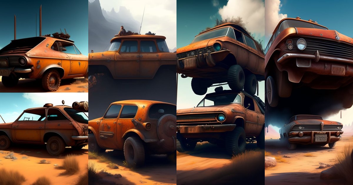 Lexica - Fantasy art of a post apocalyptic dwarf driving a rusted car