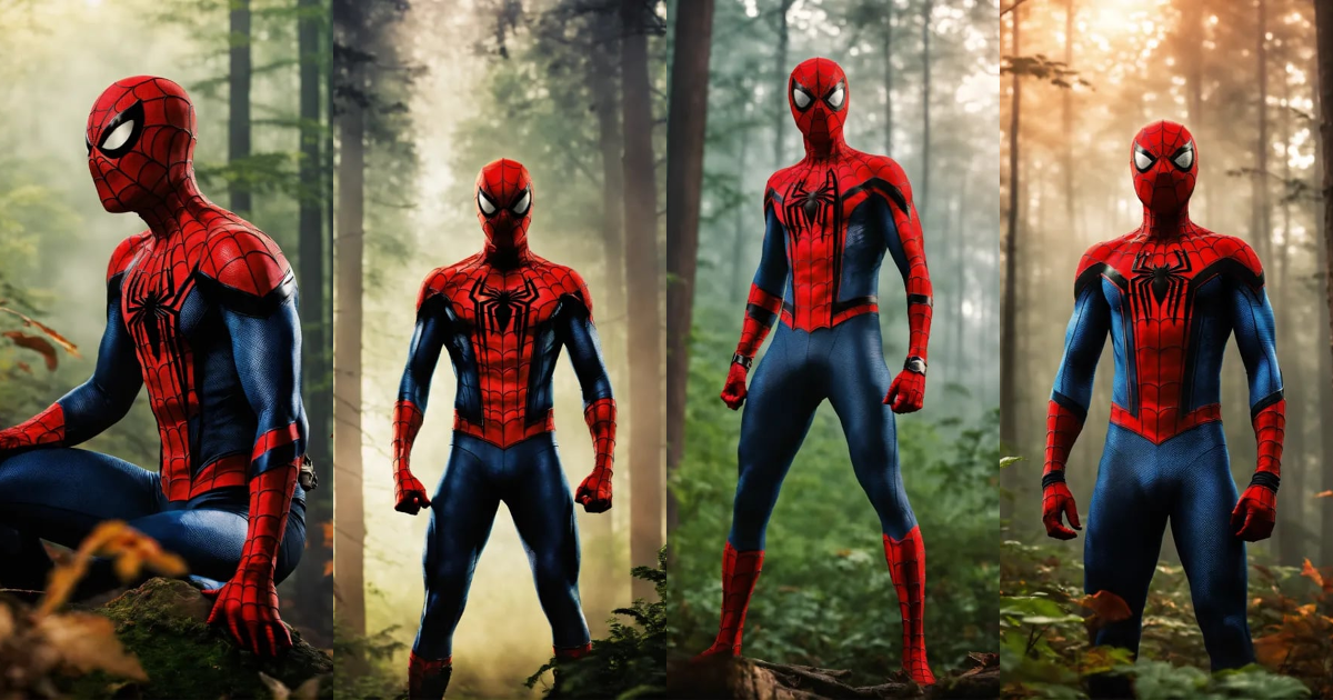 Lexica - Spiderman modern, front look, forest background with fog.