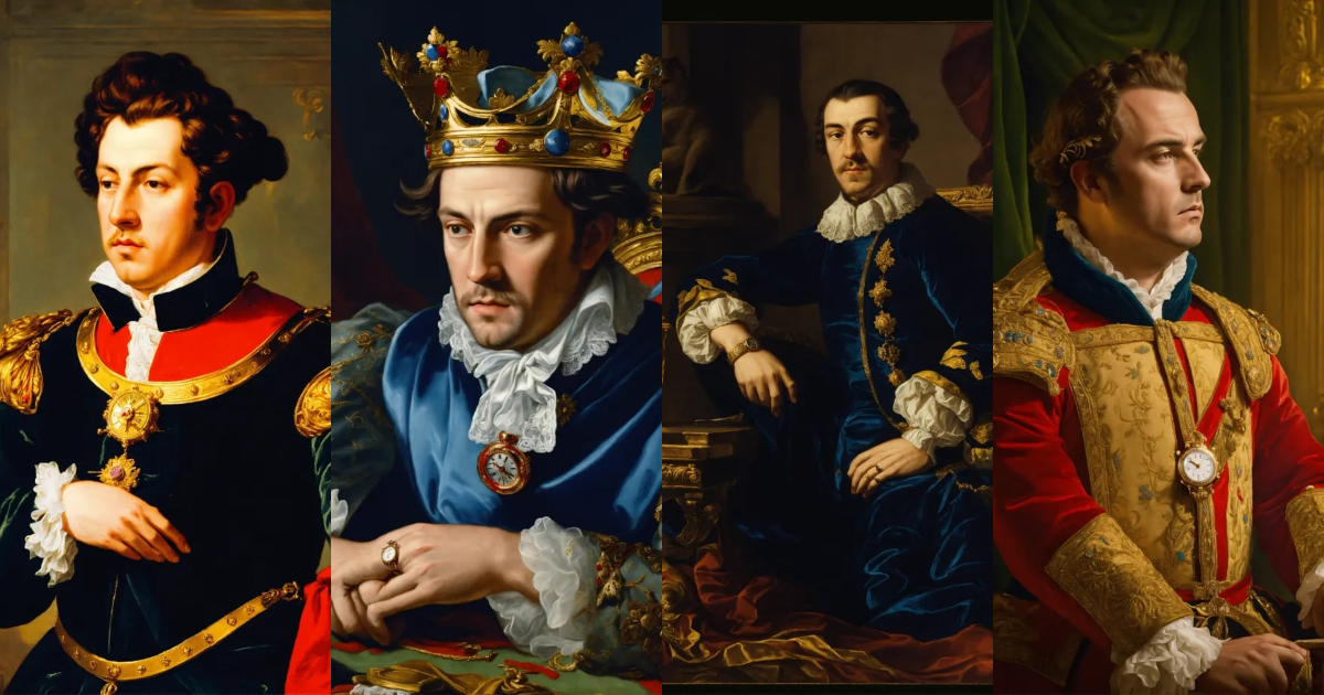 Lexica - King louis the 19th looking at his watch with a scared look on ...