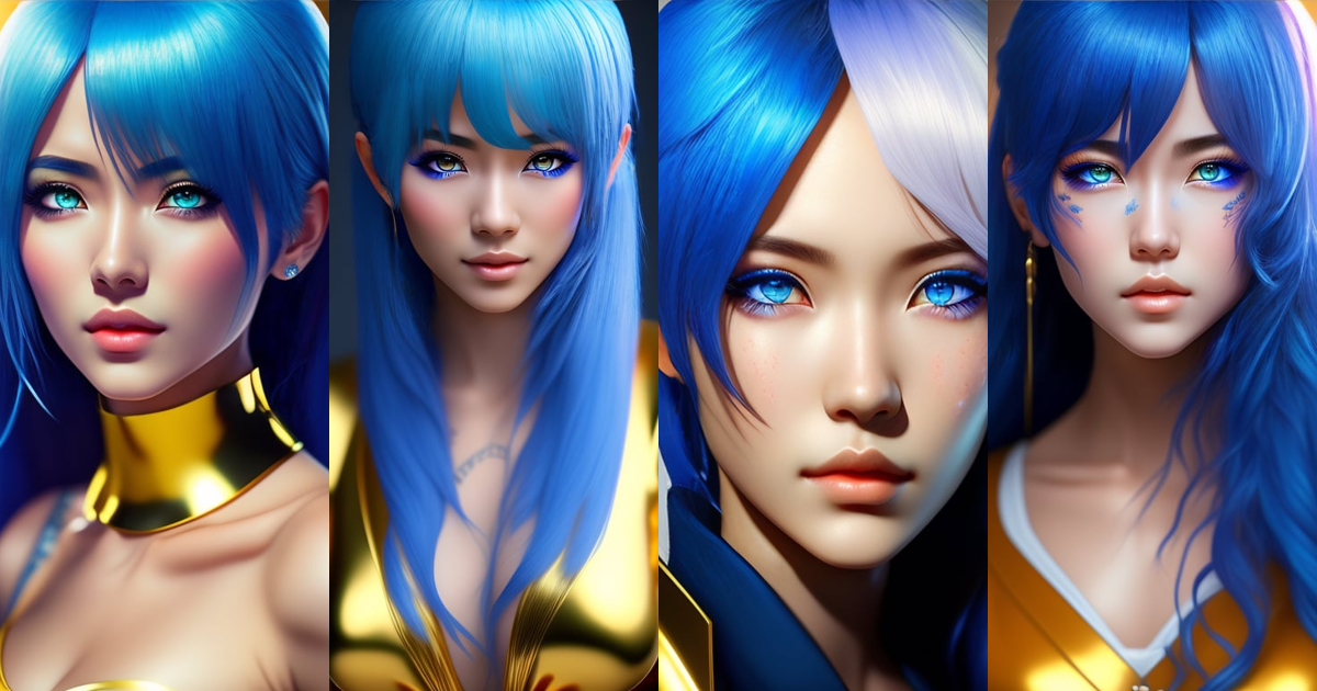 Lexica - Portrait of an anime character hyper realistic blue hair gold eyes