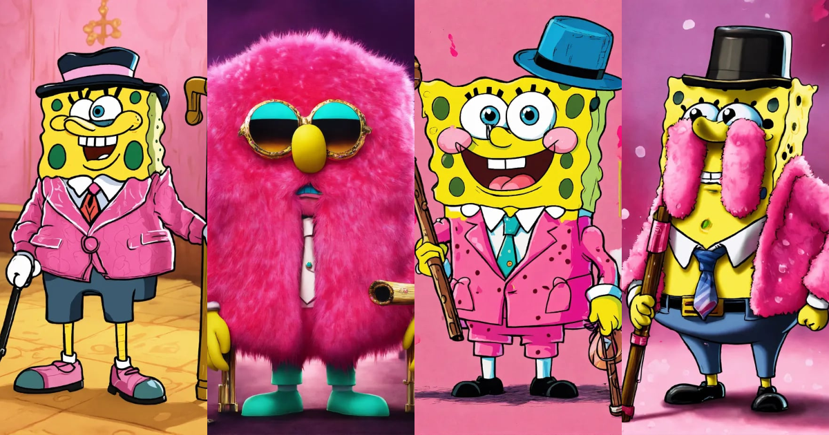 Lexica - Spongebob squarepants wearing a pink fur coat, gangster, pimp cane