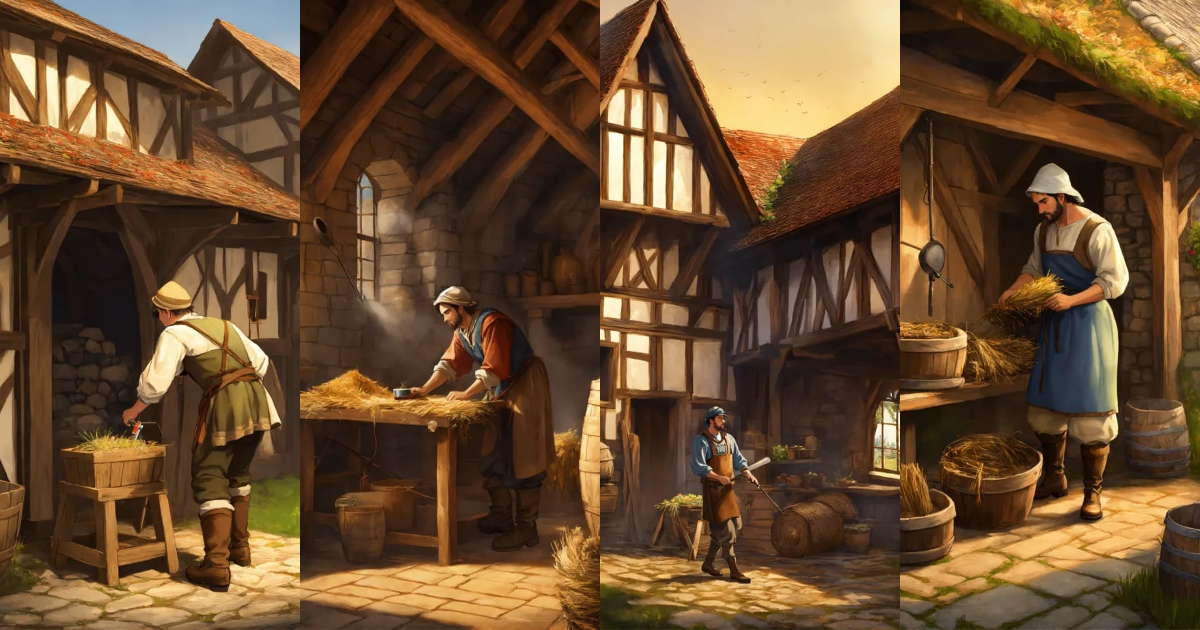 Lexica - A digital art of a medieval peasant working on a barn in a ...