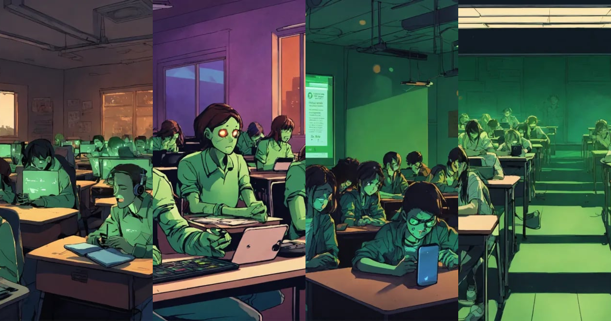 Lexica - Create a comic cartoon poster of a classroom at night where ...