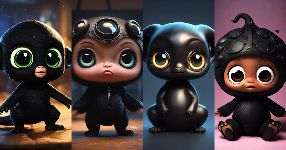 Lexica - A cute all black baby squib with big eyes, animated, cartoon ...