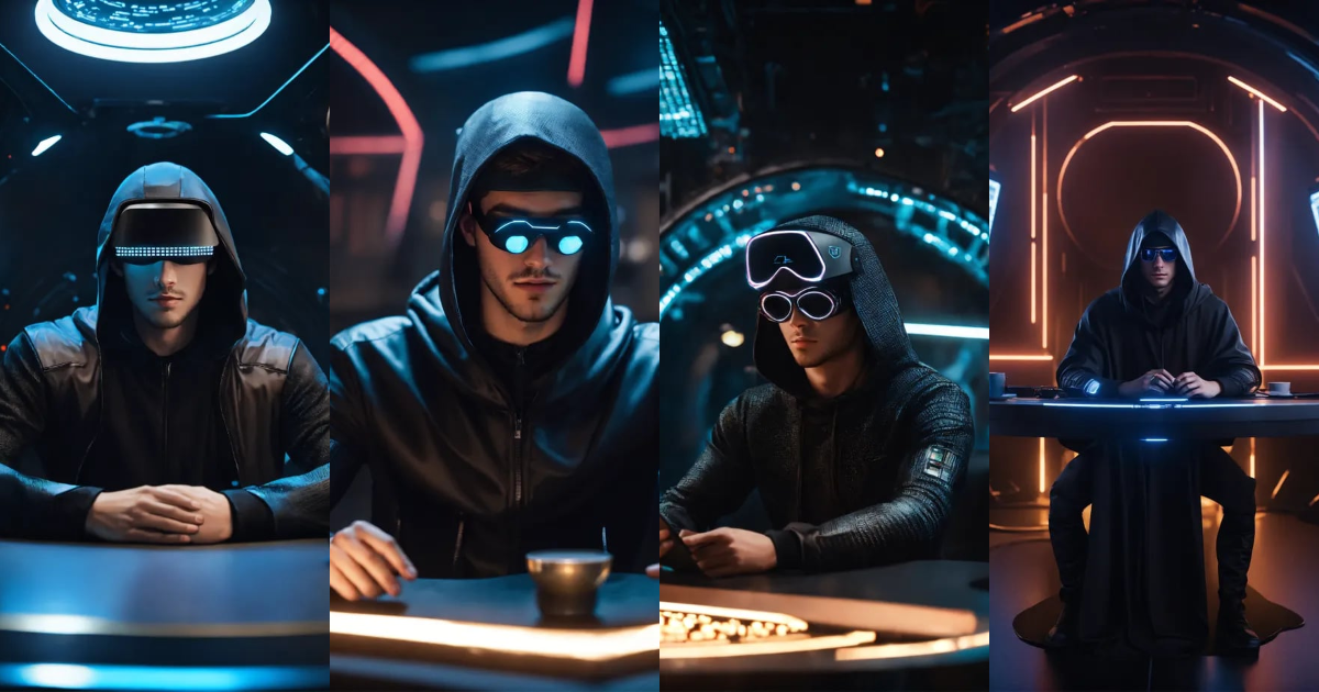 Lexica - Nerdy 25 year old male hacker wearing futuristic black cloak ...