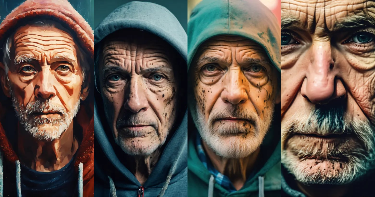 Lexica - Closeup face portrait of old male junkie looking in the camera ...