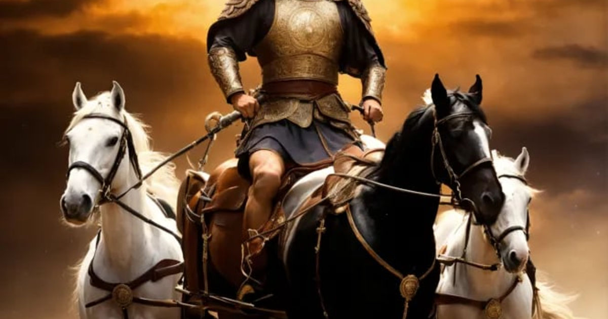 Lexica - "Create a photo featuring a real, robust man on a chariot, his ...