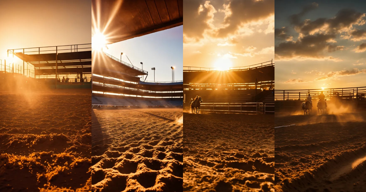 Lexica - View from the ground of rodeo arena dirt at sunset, light rays ...