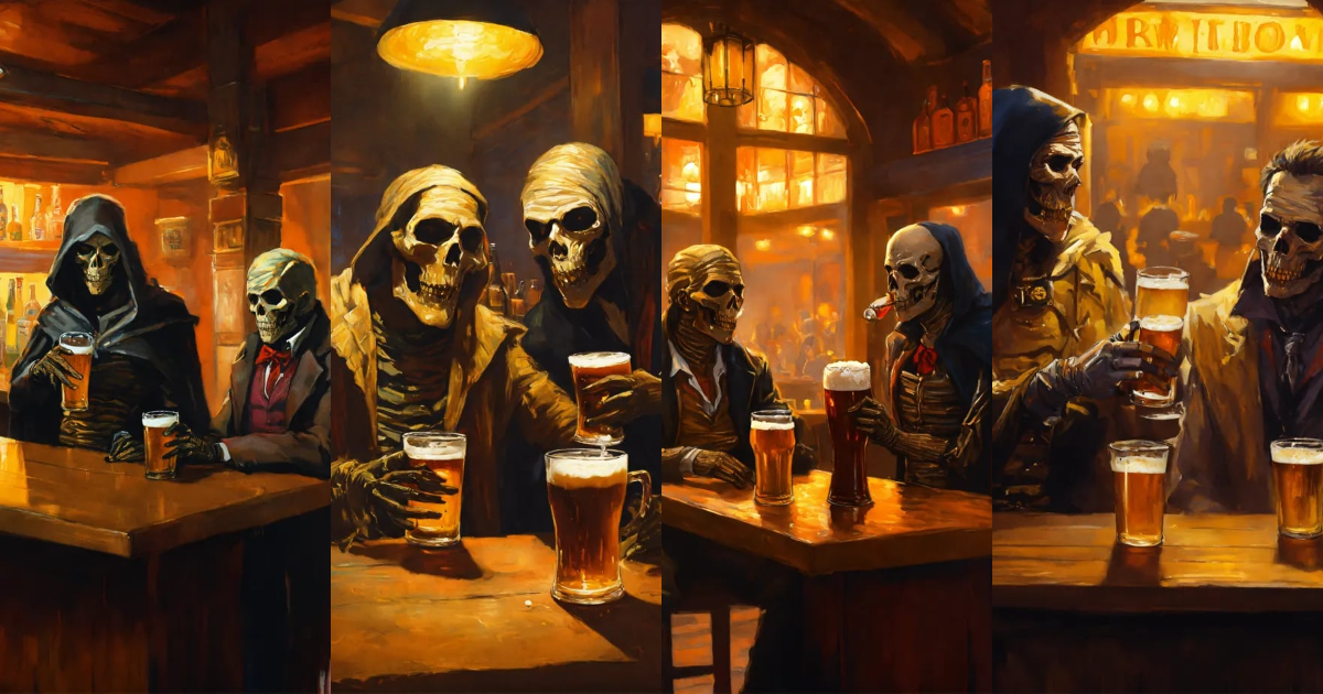 Lexica - Painting of a mummy and vampire drinking beer at a bar. Greg ...