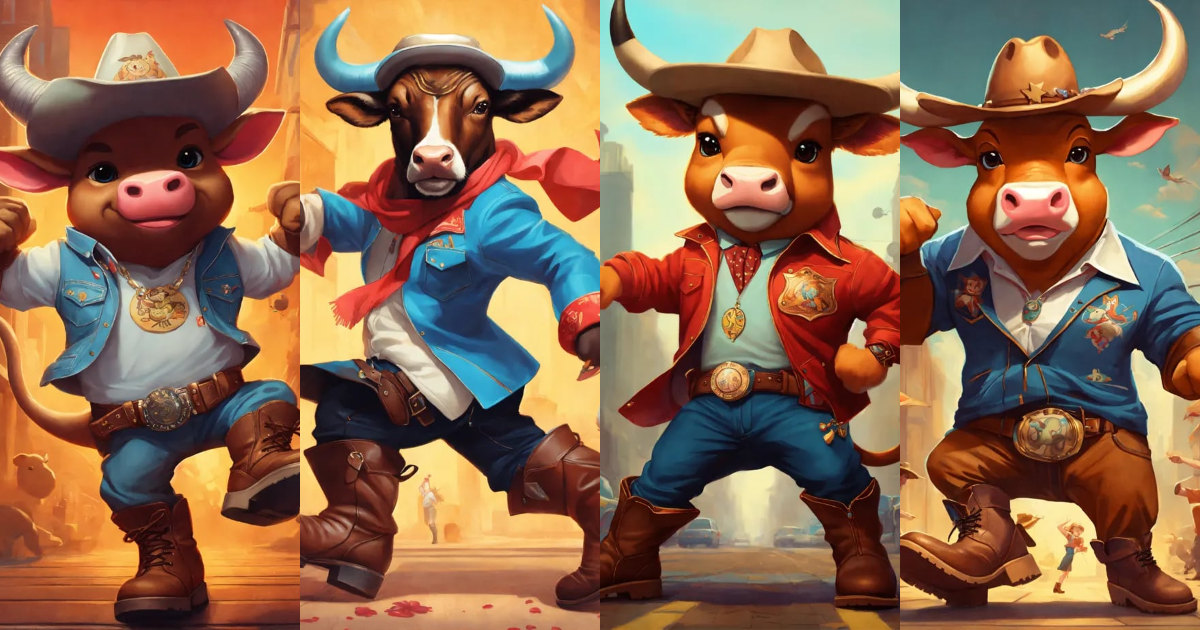 Lexica - Hip hop cute bull, wearing cowboy boots, arms raise, dancing ...