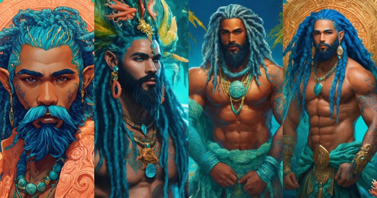 Lexica - A buff muscular Sea-elf scales Blue skin Long seafoam colored ...