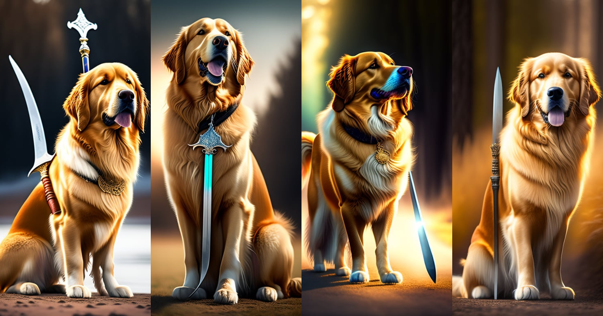 Lexica - A golden retriever, standing ，with sword in the hand