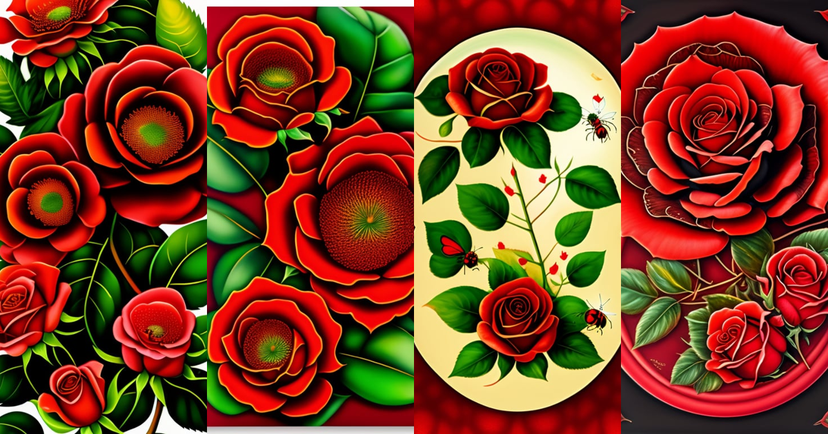 Lexica - Red roses surronded by circular arrangment of leaves, ladybird ...