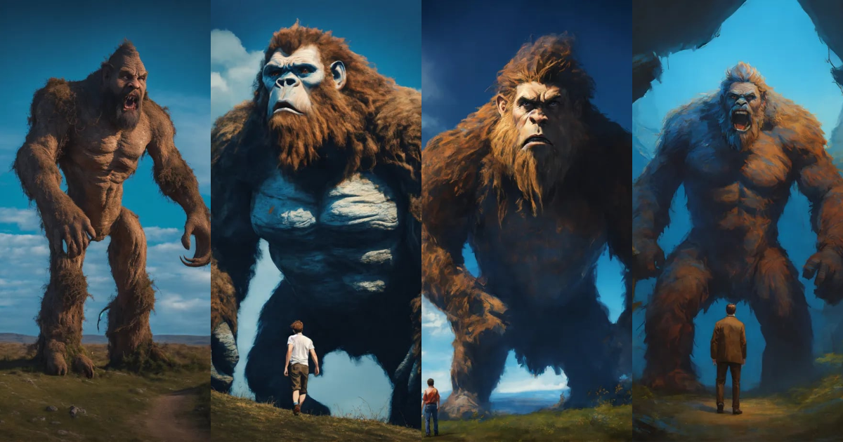 Lexica - Scared giant, blue background, realism photo