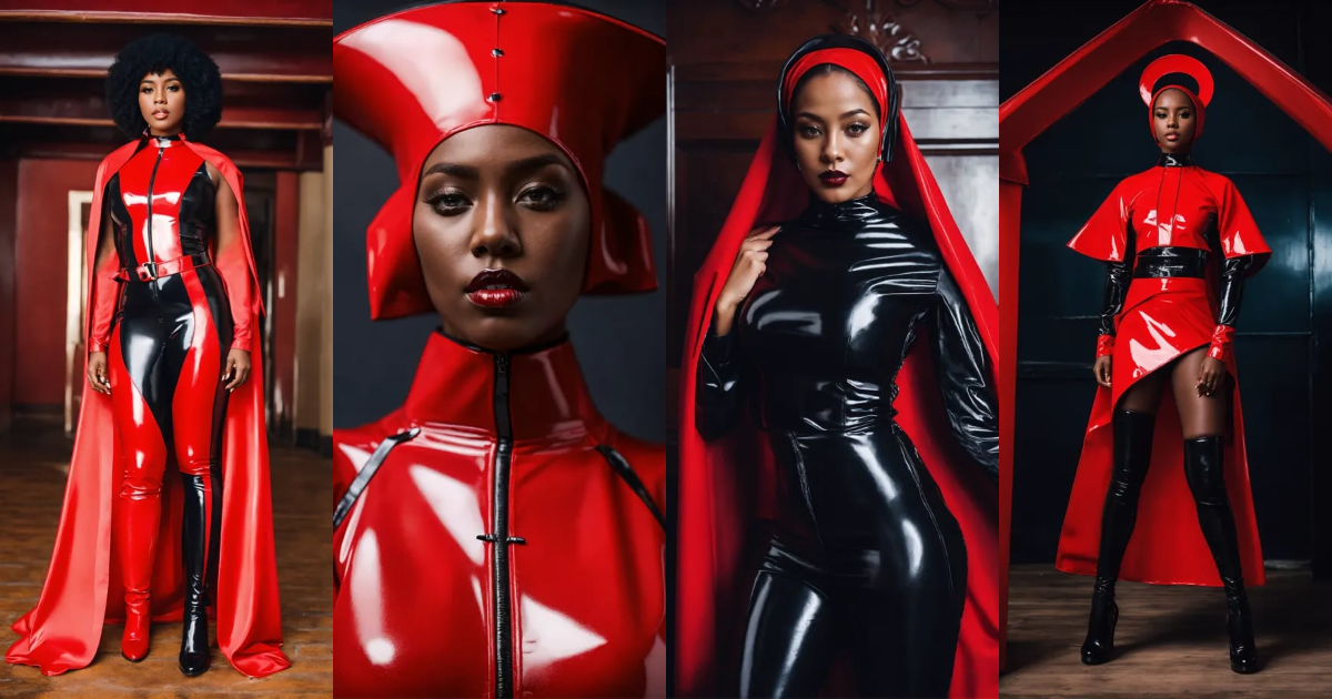 Lexica - Slim afro american woman cosplaying red and black glossy ...