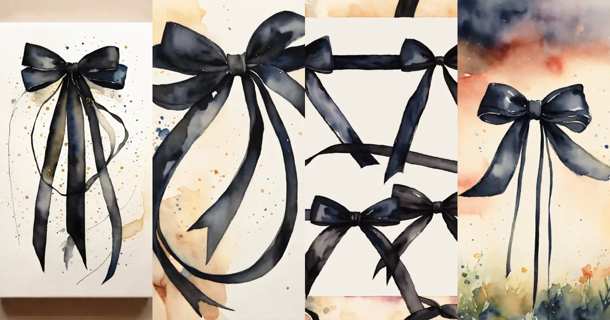 Lexica - A 2d delicate watercolor painting of a thin black ribbon bow ...