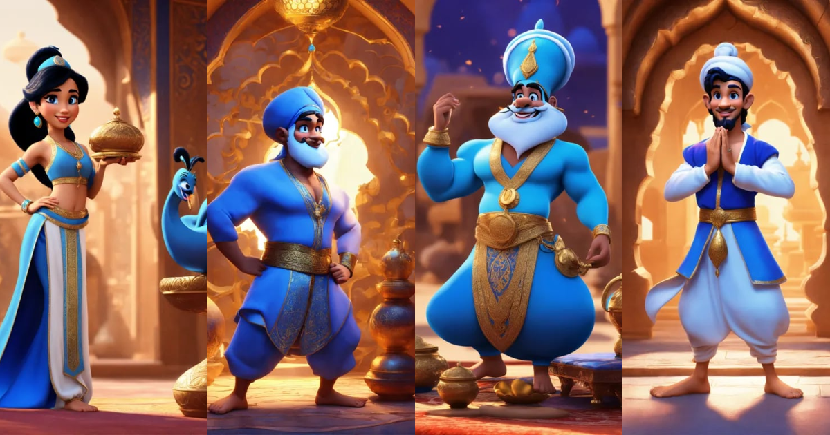 Lexica - 3d cartoon blue disney aladdin genie Sheikh in white ḥaṭṭah