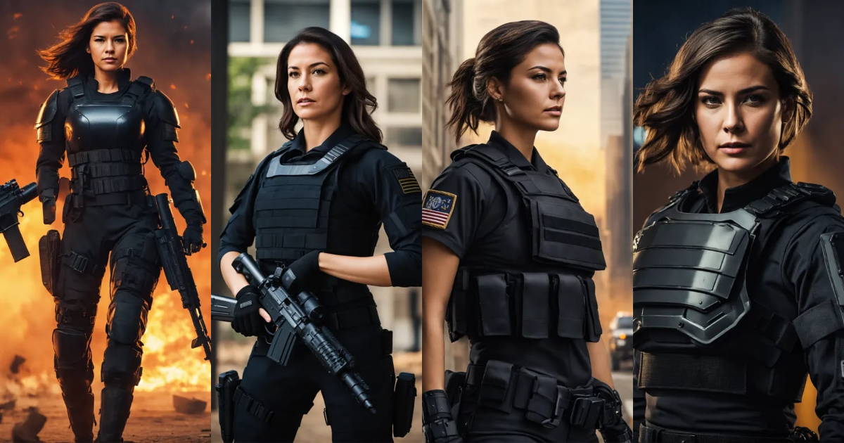 Lexica - Strong female FBI agent wearing black military style armor