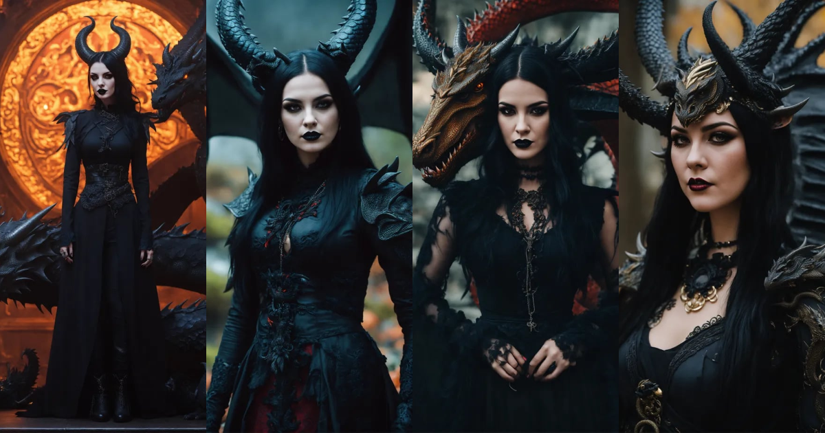 Lexica - Goth female with black horns next to a dragon