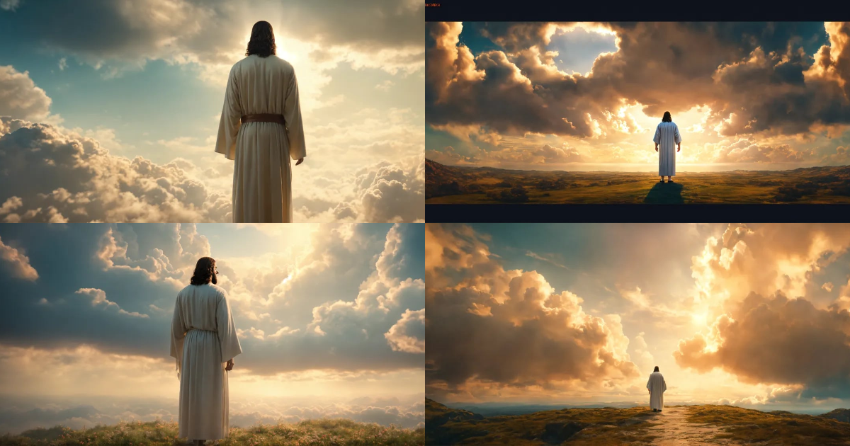Lexica - Back view of jesus in heaven wth clouds,cinematic shot ...