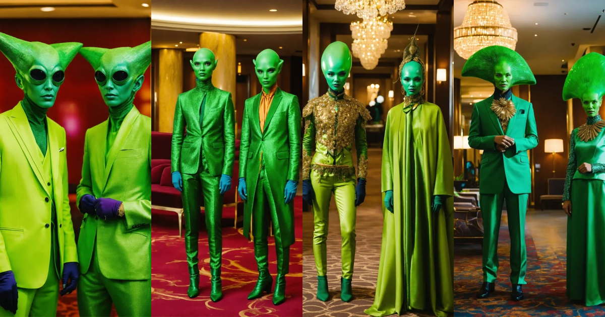 Lexica - Two 50-year-old human looking aliens with green skin, dressed ...