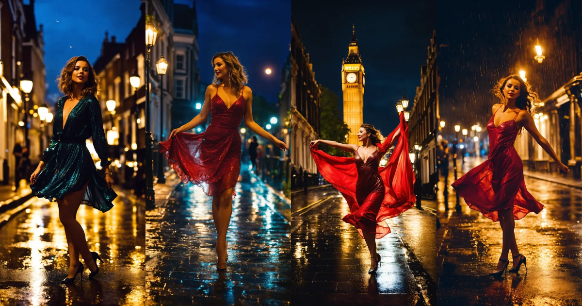 Lexica - A glamorous woman dancing the romantic streets of London at ...
