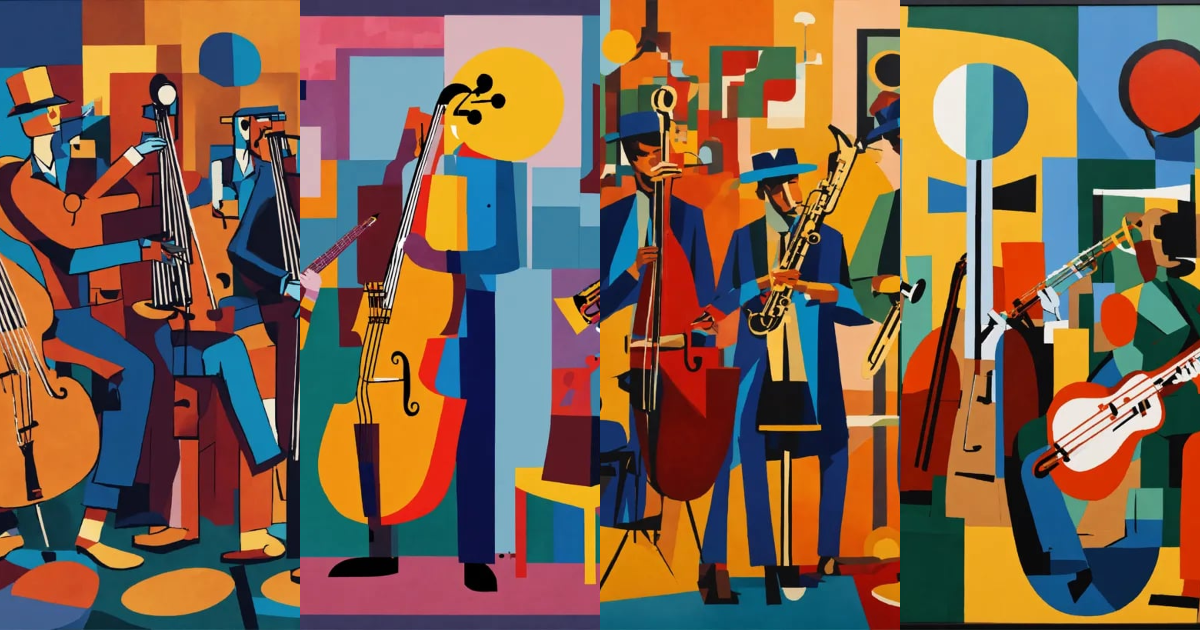 Lexica - 4 jazz musicians, playing with instruments, abstract art in ...