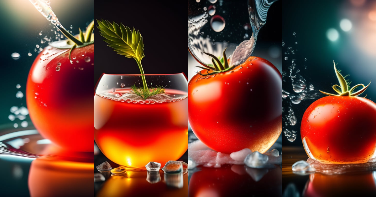 Lexica - Cinematic photograph of a tomato in center, ice cubes, dill ...