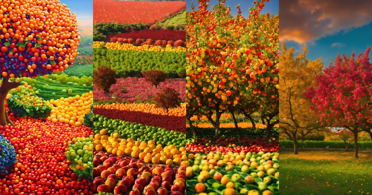 Lexica - Land scape dotted with colorful fruit trees