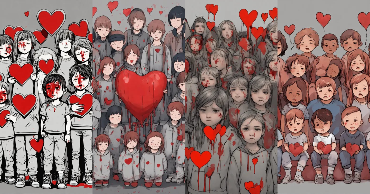 Lexica - Please generate a drawing of a big group of sad children and ...