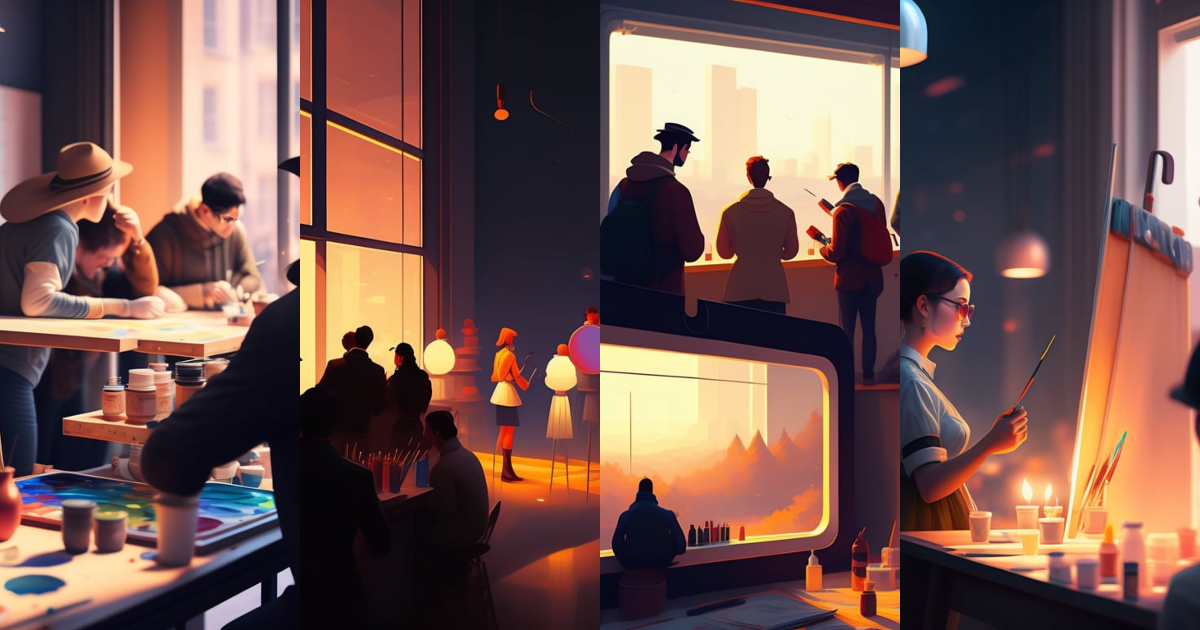 Lexica - A crowd of people painting in a studio.by atey ghailan