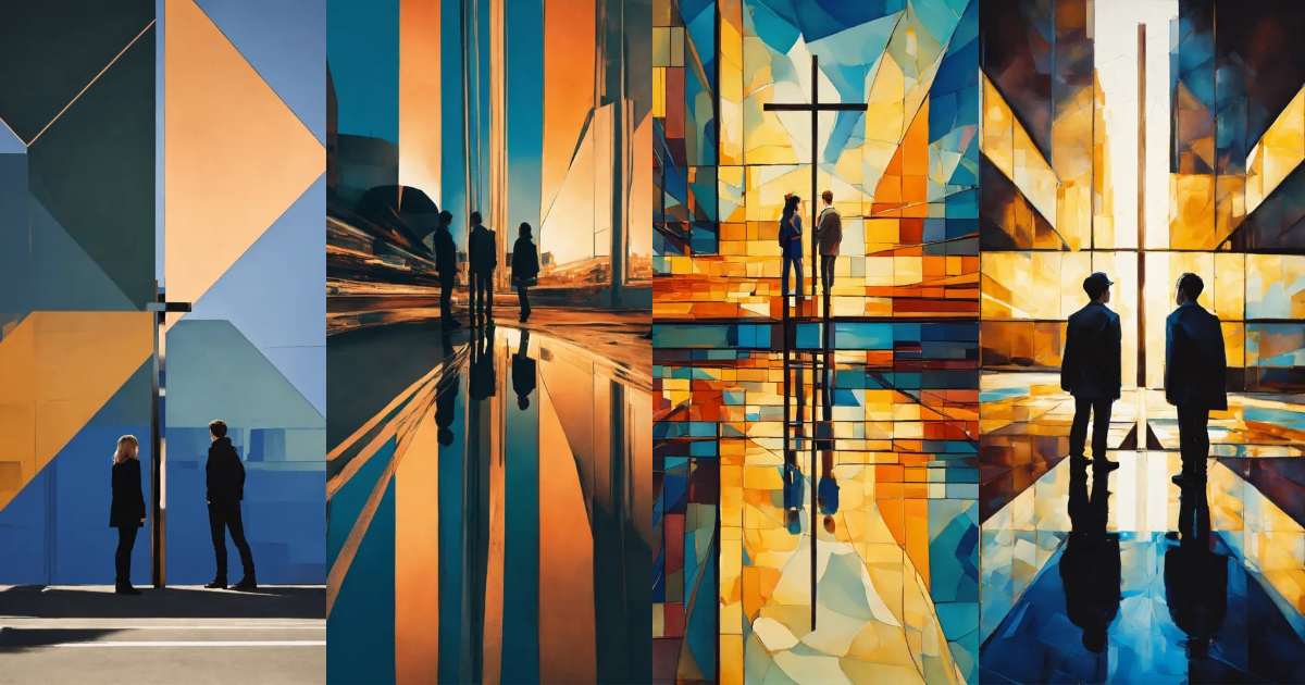 Lexica - Abstract art, two people meeting in a cross road, reflect of a ...