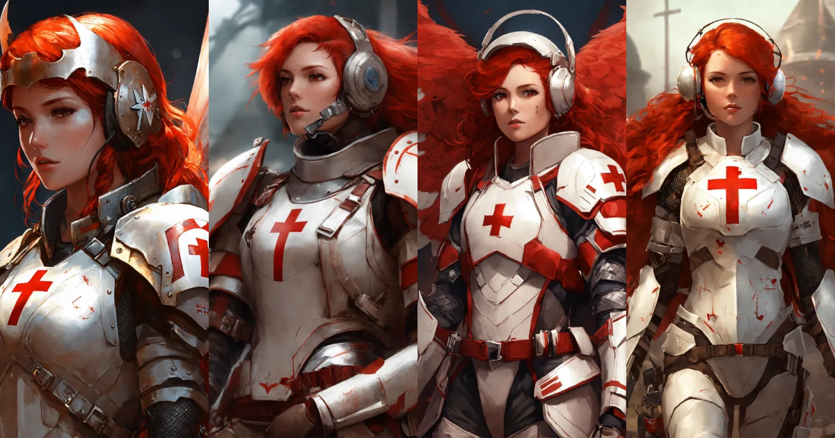 Lexica - Female athletic red hair wearing white metal armor with red ...