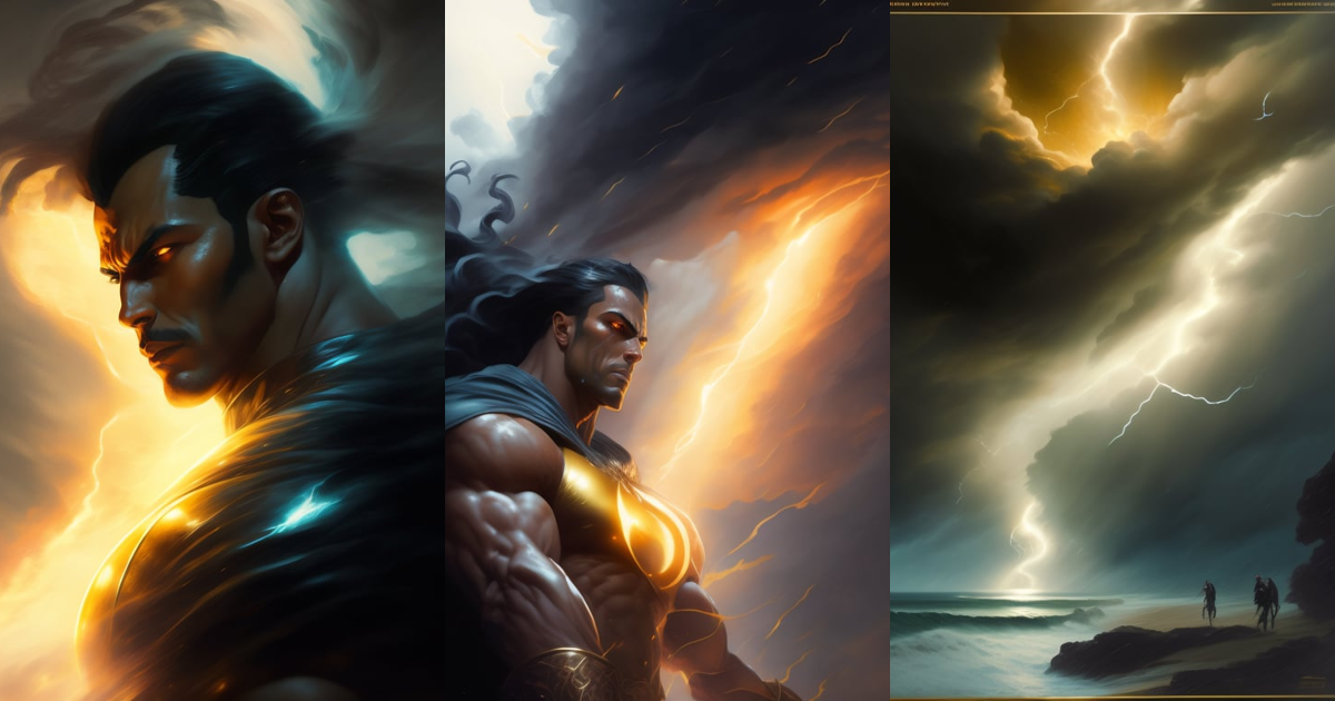 Lexica - Black Adam summoning a powerful storm, with lightning and ...