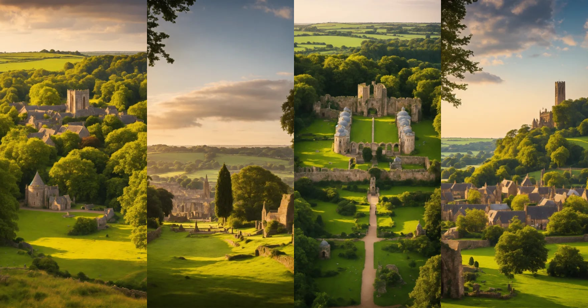 Lexica - An Anglo Saxon city with landmark monuments in a lush landscape.