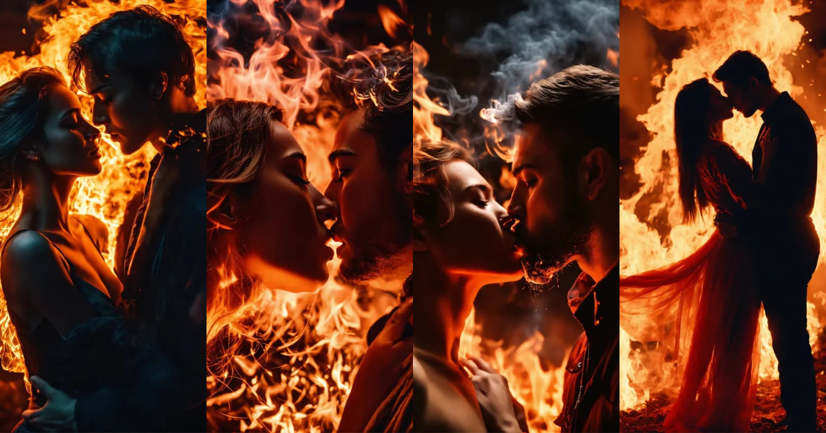 Lexica - Man and woman on fire in the dark kiss smoke close-up ...