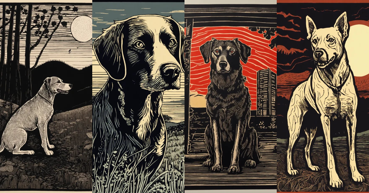 Lexica - Linocut, dog, drawing in the style of junji ito
